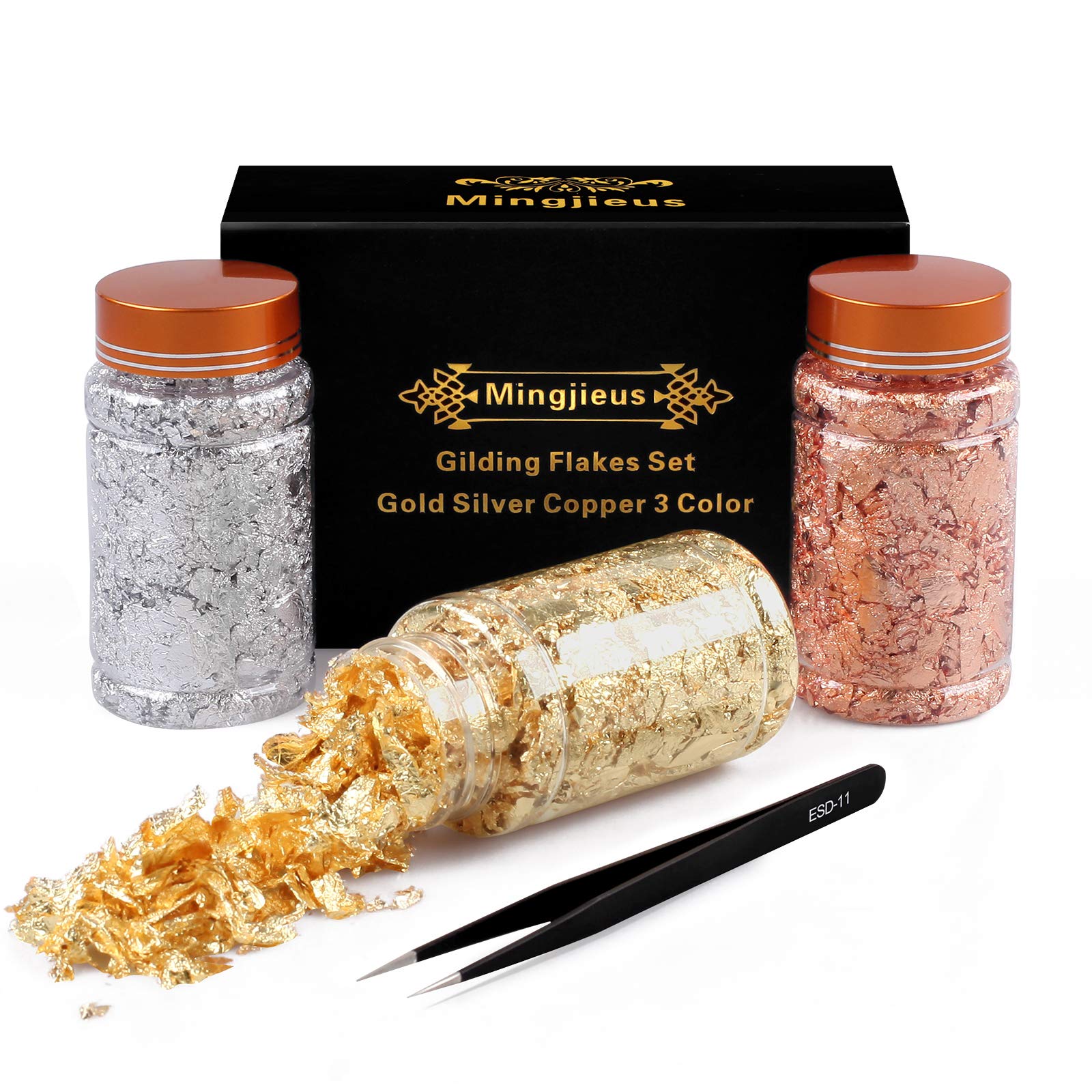 Gilding Flakes Set,Gold Foil Flakes for Resin,3 Bottles Metallic Foil Flakes for Resin Jewelry Making,Nails,Painting Art,Crafts and Slime(Gold, Silver, Copper Colors)