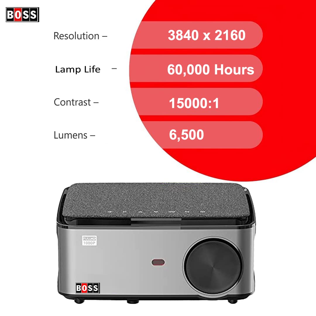 Boss S21A | Android 9 | 3840 x 2160 Ultra HD 6500 Lumen Display | Contrast Ratio 15000:1 | 4D Digital Keystone & Zoom, WiFi & Bluetooth | Home/Office/Educational Institute Purpose Projector