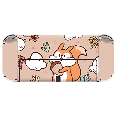 PlayVital Full Set Protective Stickers for Nintendo Switch OLED Model, Customized Vinyl Decal Skins for Switch OLED Console & Joycon & Dock & Grip - Squirrel with Acorn
