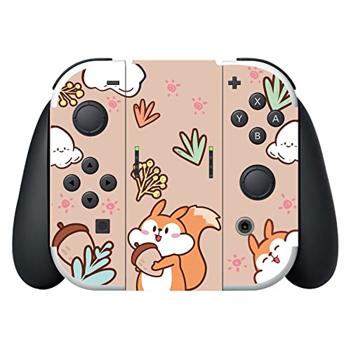 PlayVital Full Set Protective Stickers for Nintendo Switch OLED Model, Customized Vinyl Decal Skins for Switch OLED Console & Joycon & Dock & Grip - Squirrel with Acorn
