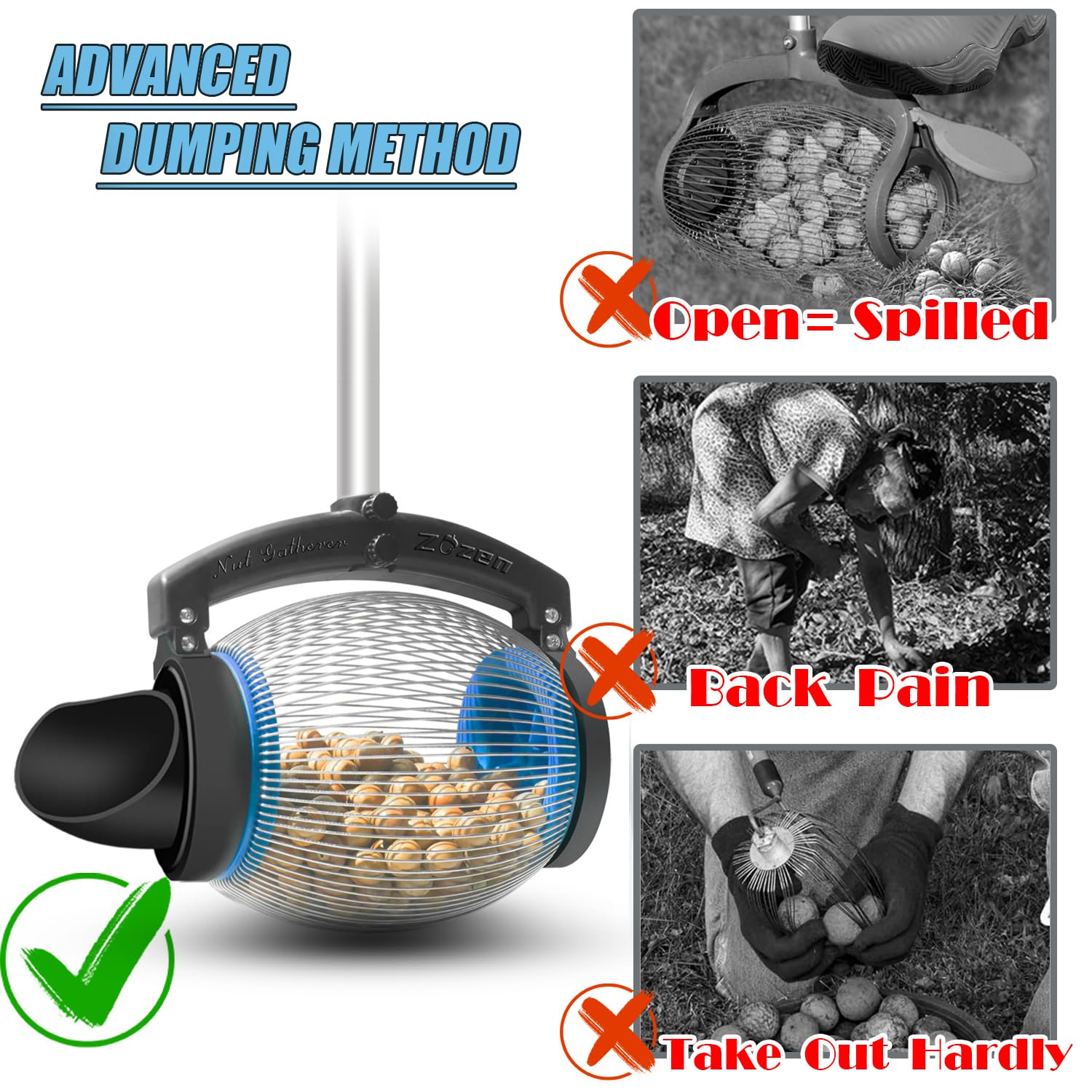 Zozen Acorn Picker Upper Roller, Acorn Dedicated Version | High Density Steelwire Gap - Directly Dump Outlet, Also Pick Nerf Balls, Pick Up Size 3/8'' to 1'' Small Diameter Objects, Capacity 1 Gallon