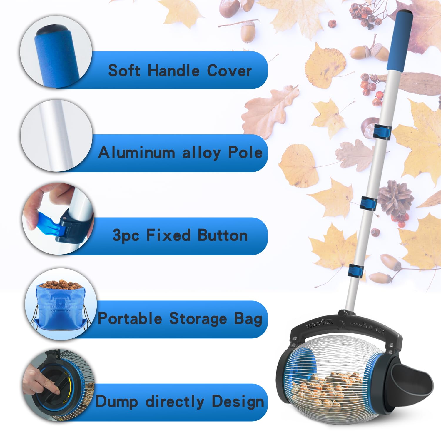 Zozen Acorn Picker Upper Roller, Acorn Dedicated Version | High Density Steelwire Gap - Directly Dump Outlet, Also Pick Nerf Balls, Pick Up Size 3/8'' to 1'' Small Diameter Objects, Capacity 1 Gallon