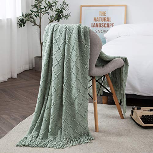 TREELY Aqua Throw Blanket with Fringe Tassels Knitted Throw Blanket Textured Solid Decorative Knit Blanket for Bed Couch, 50" x 67.7", Aqua