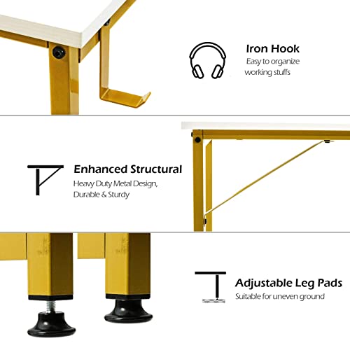 Lufeiya Small Computer Desk White Writing Table for Home Office Small Spaces 31 Inch Modern Student Study Laptop PC Desks with Gold Legs Storage Bag Headphone Hook,White Gold