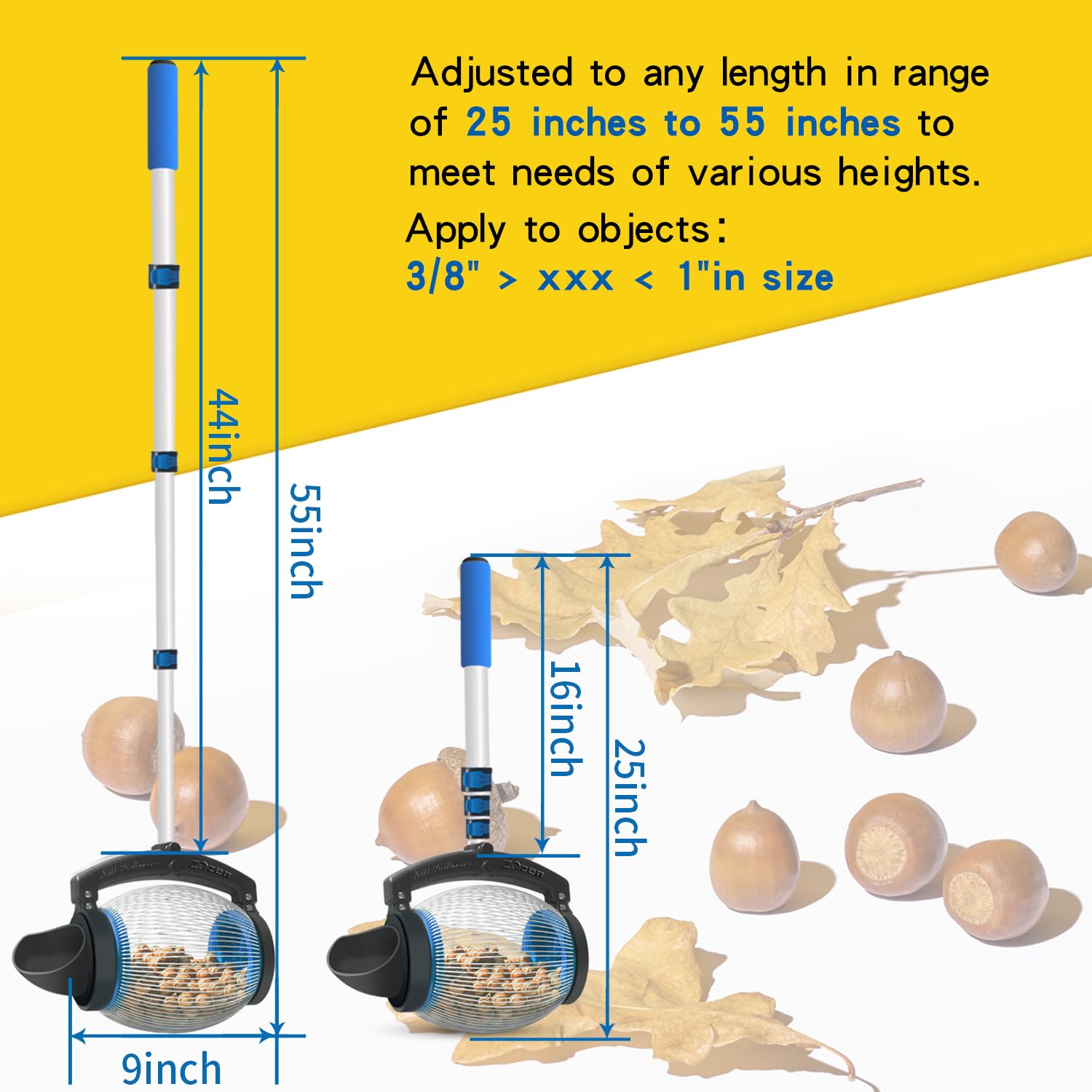Zozen Acorn Picker Upper Roller, Acorn Dedicated Version | High Density Steelwire Gap - Directly Dump Outlet, Also Pick Nerf Balls, Pick Up Size 3/8'' to 1'' Small Diameter Objects, Capacity 1 Gallon