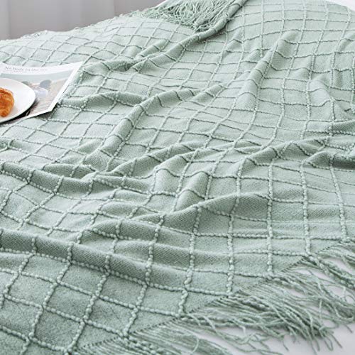 TREELY Aqua Throw Blanket with Fringe Tassels Knitted Throw Blanket Textured Solid Decorative Knit Blanket for Bed Couch, 50" x 67.7", Aqua
