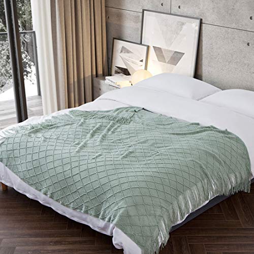 TREELY Aqua Throw Blanket with Fringe Tassels Knitted Throw Blanket Textured Solid Decorative Knit Blanket for Bed Couch, 50" x 67.7", Aqua