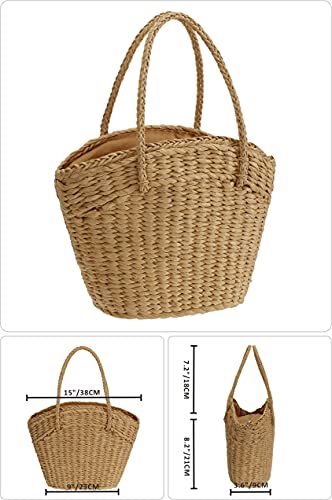 So'each Women's Handbag Wicker Woven Rattan Straw Tote Bag Basket Shoulder Bag Khaki