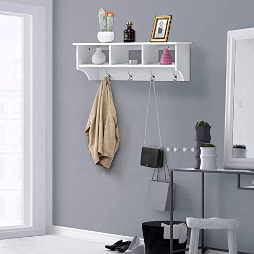 Byroce Wall Mounted Storage Cabinet, Floating Display Cabinet with 4 Dual Hooks and 3 Open Compartments, Hanging Shelf, Wall Cubby Organizer, Perfect for Entryway, Hallway, Living Room (White)