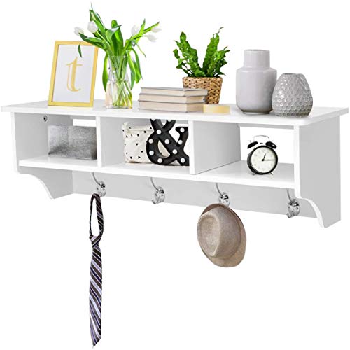 Byroce Wall Mounted Storage Cabinet, Floating Display Cabinet with 4 Dual Hooks and 3 Open Compartments, Hanging Shelf, Wall Cubby Organizer, Perfect for Entryway, Hallway, Living Room (White)