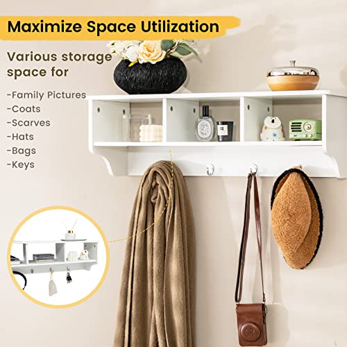 Byroce Wall Mounted Storage Cabinet, Floating Display Cabinet with 4 Dual Hooks and 3 Open Compartments, Hanging Shelf, Wall Cubby Organizer, Perfect for Entryway, Hallway, Living Room (White)
