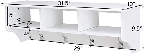Byroce Wall Mounted Storage Cabinet, Floating Display Cabinet with 4 Dual Hooks and 3 Open Compartments, Hanging Shelf, Wall Cubby Organizer, Perfect for Entryway, Hallway, Living Room (White)