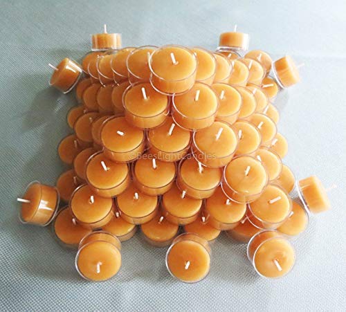 100 Tealight Beeswax Candles BULK 100% Natural Handcrafted in USA/Clear Cup Tea Lights/Wedding/Event/Party/Holiday/Clean Burning Emergency Candle/Unscented with Natural Honey Aroma