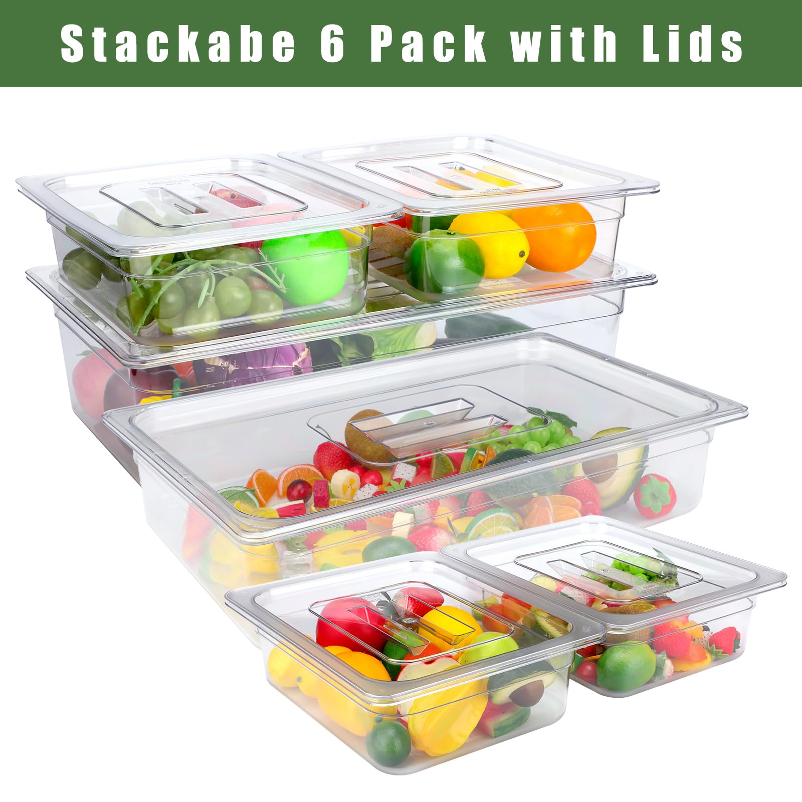 Mifoci 6 Pcs Commercial Plastic Food Pans with Lids Clear Food Pans Included 2 Pcs Full Size 6 Inch Deep Hotel Pan 4 Pcs 1/2 Size 4 Inch Freezer Food Storage for Storage Kitchen Restaurant