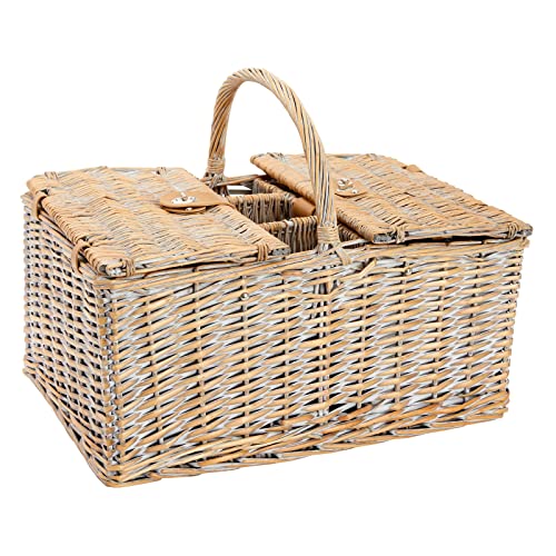 Wicker Picnic Basket Set for 4 with Insulated Cooler Bag, Silverware, Glasses, Napkins, Double Lid, Straw/White Finish