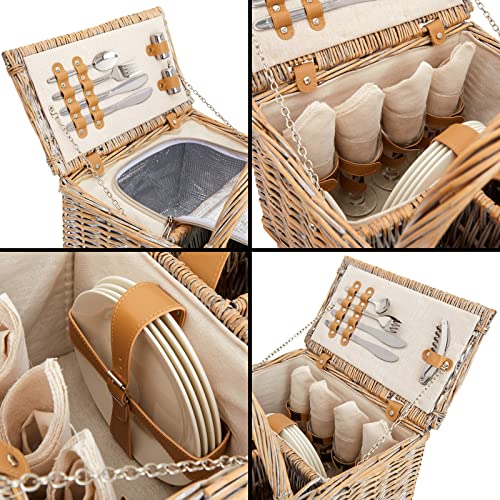 Wicker Picnic Basket Set for 4 with Insulated Cooler Bag, Silverware, Glasses, Napkins, Double Lid, Straw/White Finish