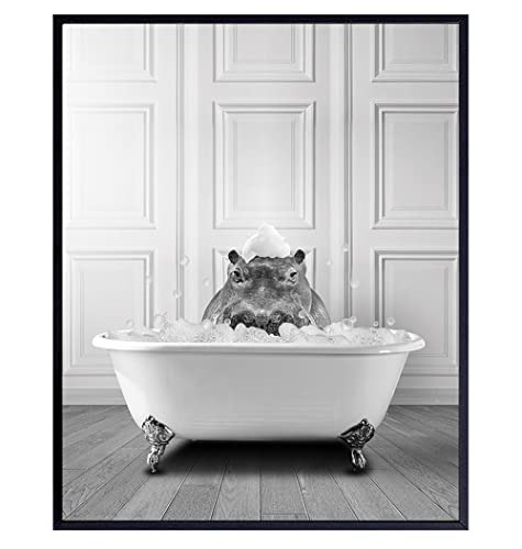 Hippo Wall Art - Funny Bathroom Decor - Jungle Theme Bathroom Accessories - Modern Bathroom Wall Art - Bathroom Decorations Pictures - Bath Wall Decor - Guest Bathroom - Restroom Sign - Powder Room
