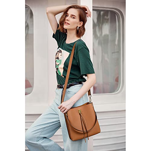 BOSTANTEN Women Handbags Genuine Leather Designer Tote Purses Lady Crossbody Bucket Shoulder Bags for Work Daily,Brown