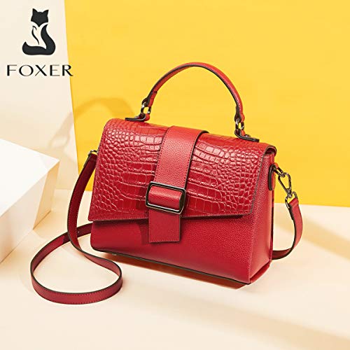 FOXER Small Crossbody Bags for Women, Genuine Leather Crocodile Skin Pattern Medium Size Ladies Top-handle Bags with 2 Shoulder Straps Womens Classic Small Satchel Purses and Handbags (Red)