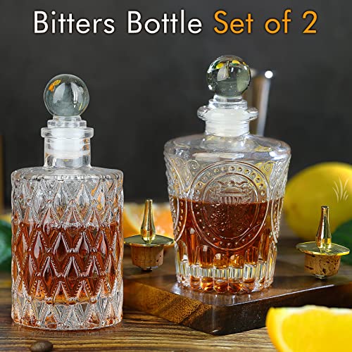 SuproBarware Bitters Bottle Set of 2,Glass Dasher Bottle, Decorative Bottle for Cocktail with Gold Dash Top