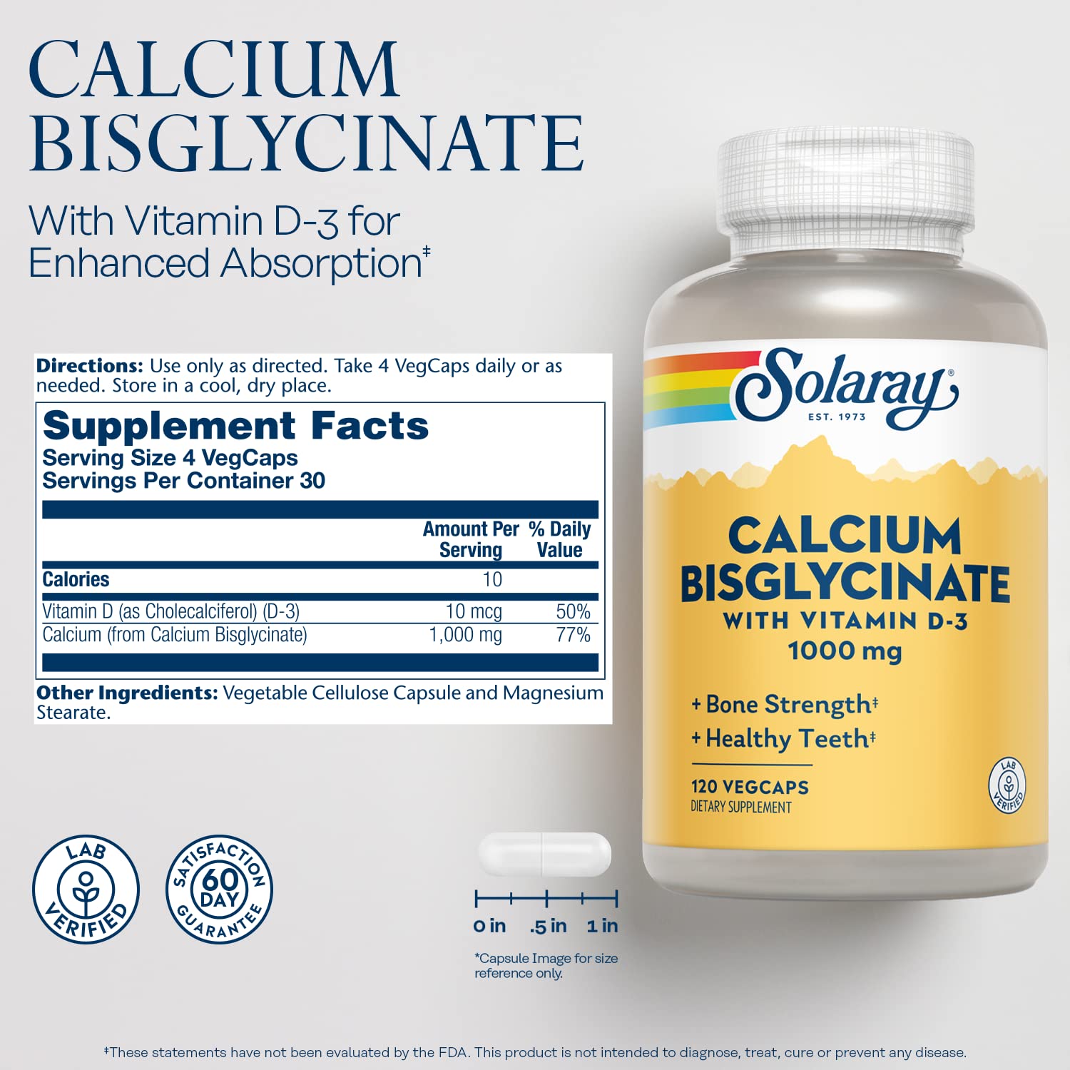 Solaray Calcium Bisglycinate 1000mg with Vitamin D-3, Chelated Calcium Supplement for Bone Strength and Healthy Teeth Support, Enhanced Absorption and Easy to Digest, 30 Servings, 120 VegCaps