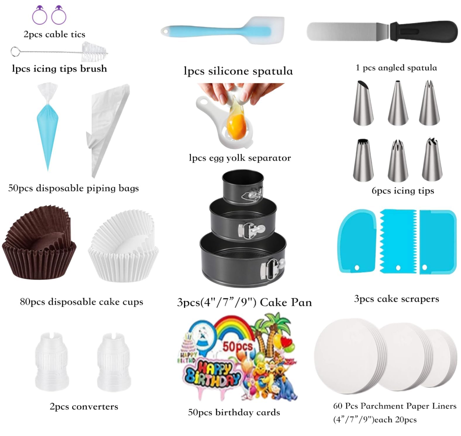 RUISENLAI 260pcs Cake Pan Set for Baking + Cake Decorating Supplies: 3 Round Non Stick Springform Pan Set (4, 7, 9 inches), Icing Tips, disposable piping bags β with 60 Pcs Parchment Paper Liners