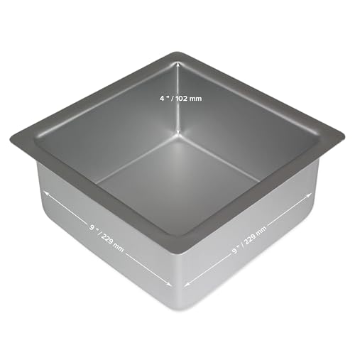 PME Professional Aluminum Square Cake Pan (9 x 9 x 4), Standard, Silver (SQR094)