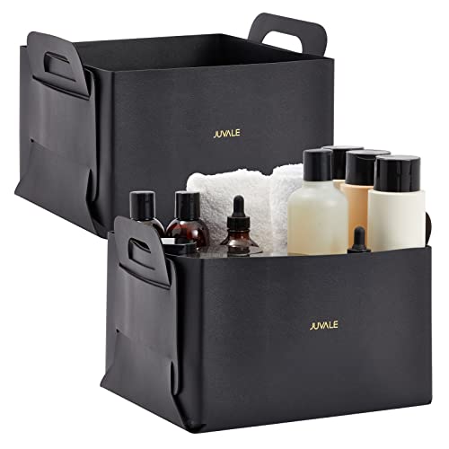2 Pack Faux Leather Foldable Storage Bins with Handles, Collapsible Baskets for Home Organization (Black, 10 x 6.5 In)