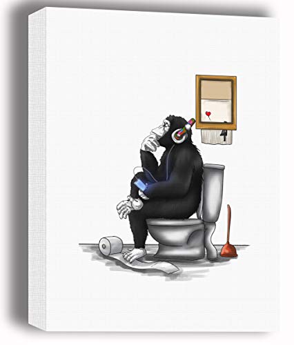 Blanche Gifts Black and White Banksy DJ Thinking Monkey Sitting on Toilet Seat Canvas Wall Art Print – Stretched on Wooden Frame and Ready to Hang – Size 12 x 16 in