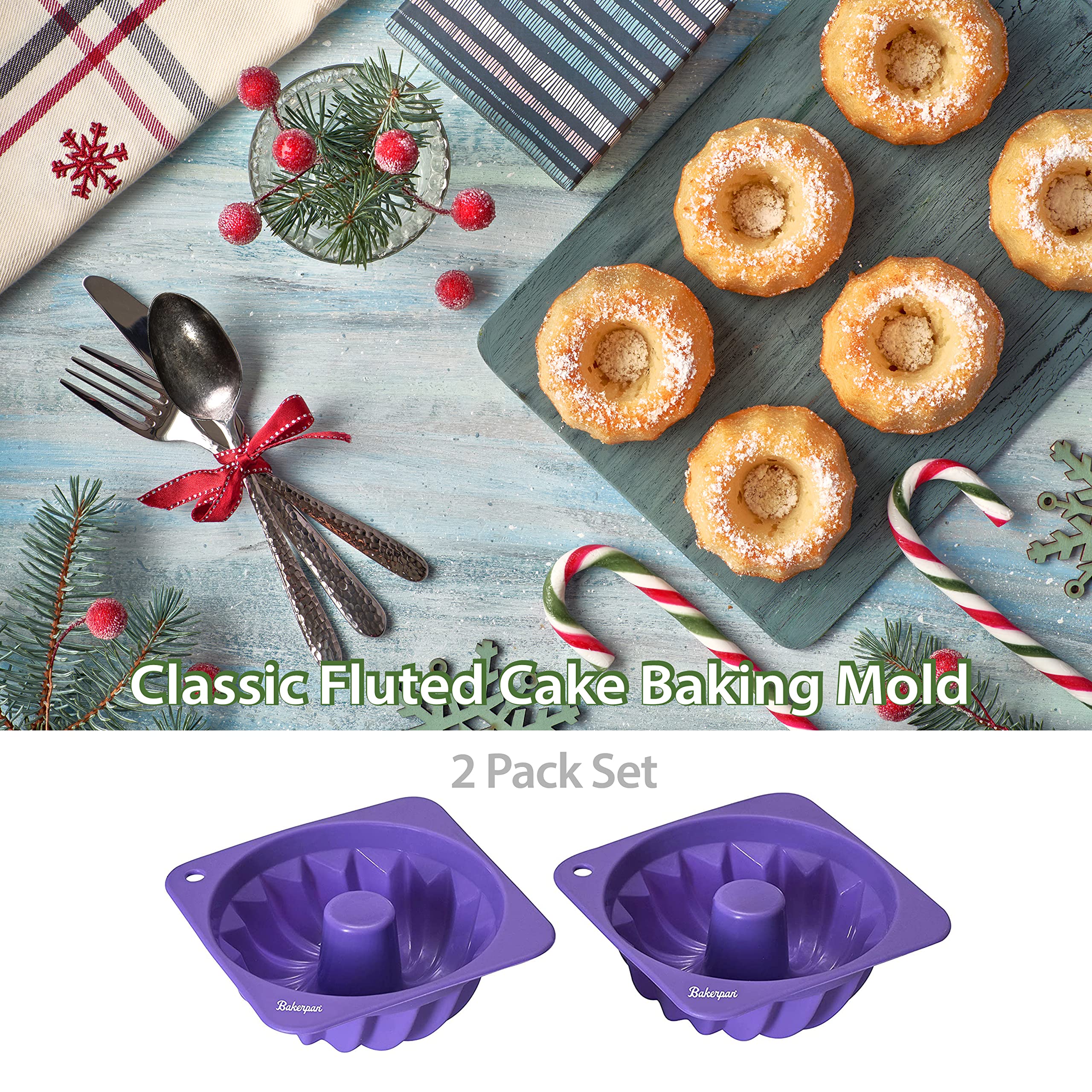 Bakerpan Silicone Small Fluted Cake Pan, 4 3/4 Inch Mini Tube Cake Baking Mold, Fancy Fluted Dessert Mold, Tube Cake Mold for Baking - Set of 2