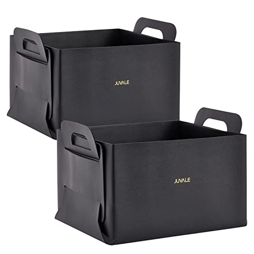 2 Pack Faux Leather Foldable Storage Bins with Handles, Collapsible Baskets for Home Organization (Black, 10 x 6.5 In)