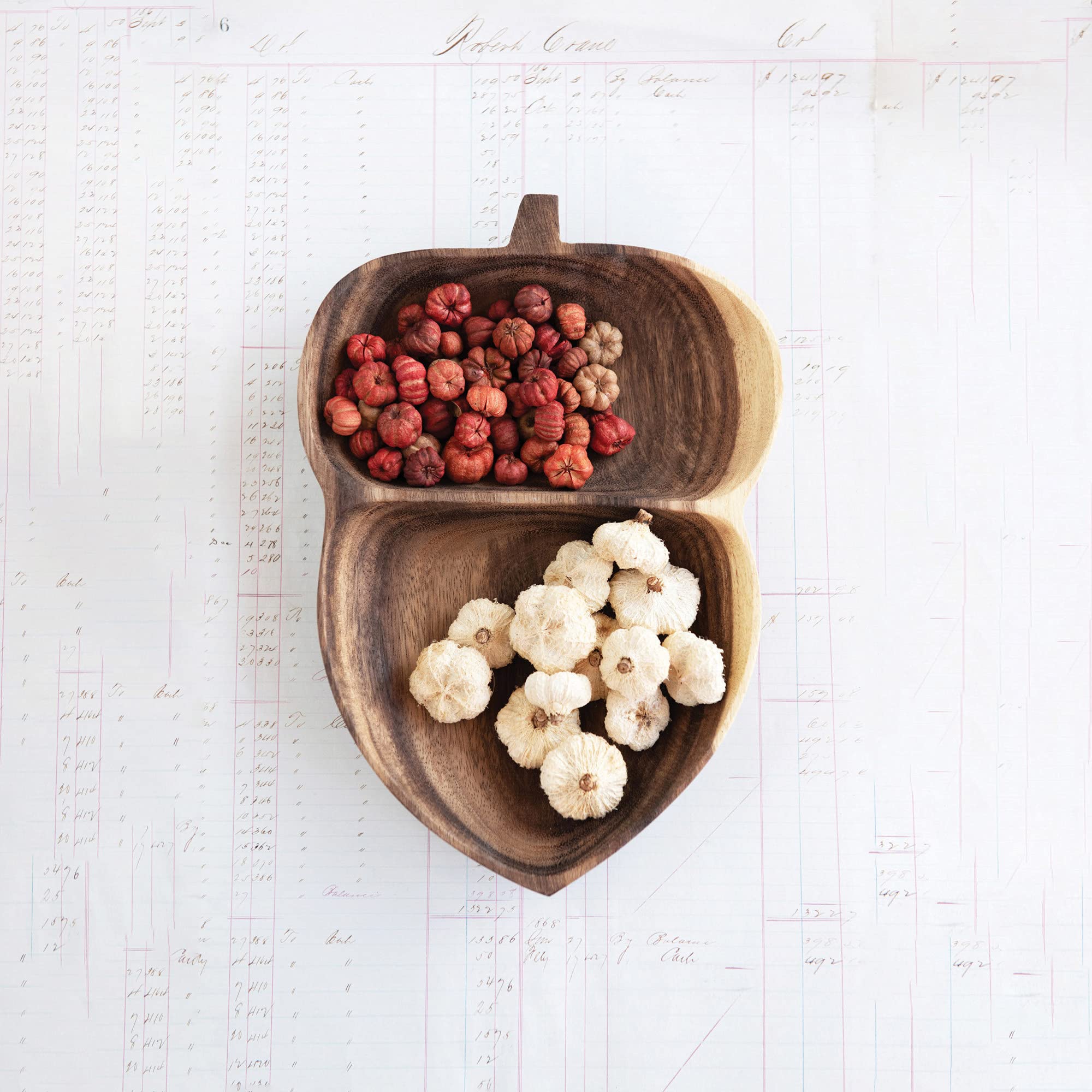 Creative Co-Op 11" L x 8" W x 1-1/2"H Acacia Wood Acorn Shaped Dish w/ 2 Sections Serveware, Multi