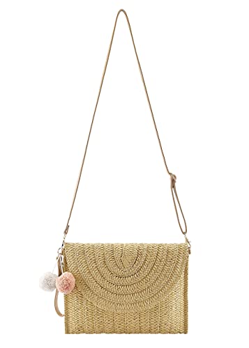 Ayliss Women Straw Shoulder Handbag Crossbody Clutch Purse Handbag Evening Summer Beach Handmade Woven Evenlope Straw Bag (Khaki)