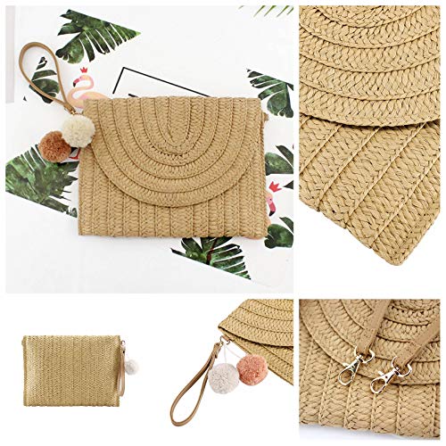 Ayliss Women Straw Shoulder Handbag Crossbody Clutch Purse Handbag Evening Summer Beach Handmade Woven Evenlope Straw Bag (Khaki)