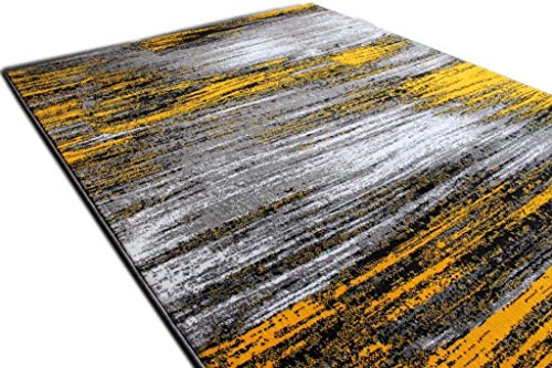 Champion Rugs Modern Contemporary Rugs for Living Dining Room Abstract Brush Stripes Yellow Grey Black Area Rug (5’ 3” X 7’ 5”)