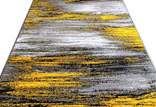 Champion Rugs Modern Contemporary Rugs for Living Dining Room Abstract Brush Stripes Yellow Grey Black Area Rug (5’ 3” X 7’ 5”)