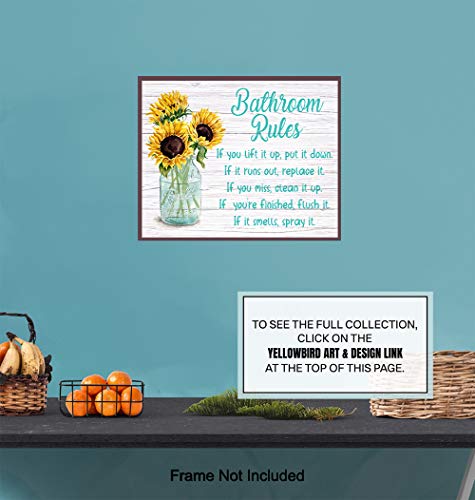 Bathroom Rules Wall Decor - Sunflower Wall Decor - Rustic Country Farmhouse Bathroom Decor - Powder Room Decor - Funny Blue Bathroom Decor - Restroom Sign - Bath Wall Art - Decorations - Unframed 8x10