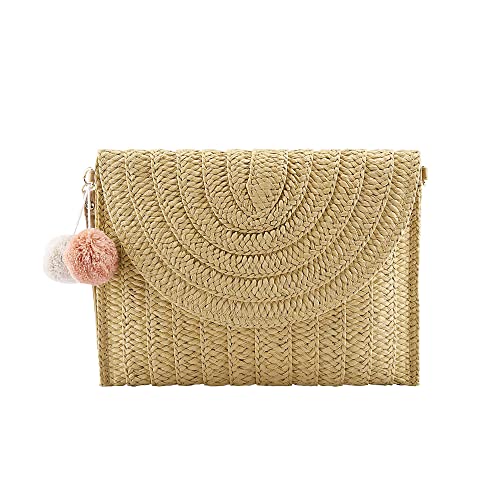 Ayliss Women Straw Shoulder Handbag Crossbody Clutch Purse Handbag Evening Summer Beach Handmade Woven Evenlope Straw Bag (Khaki)