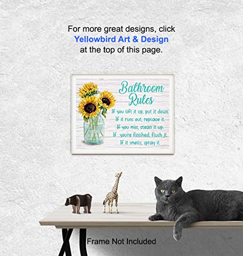 Bathroom Rules Wall Decor - Sunflower Wall Decor - Rustic Country Farmhouse Bathroom Decor - Powder Room Decor - Funny Blue Bathroom Decor - Restroom Sign - Bath Wall Art - Decorations - Unframed 8x10
