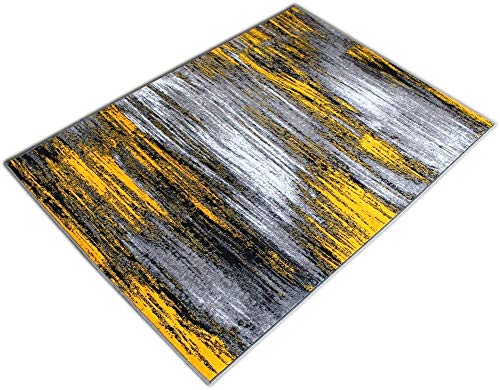 Champion Rugs Modern Contemporary Rugs for Living Dining Room Abstract Brush Stripes Yellow Grey Black Area Rug (5’ 3” X 7’ 5”)
