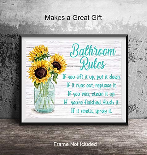 Bathroom Rules Wall Decor - Sunflower Wall Decor - Rustic Country Farmhouse Bathroom Decor - Powder Room Decor - Funny Blue Bathroom Decor - Restroom Sign - Bath Wall Art - Decorations - Unframed 8x10