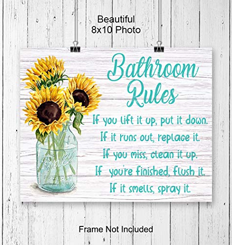 Bathroom Rules Wall Decor - Sunflower Wall Decor - Rustic Country Farmhouse Bathroom Decor - Powder Room Decor - Funny Blue Bathroom Decor - Restroom Sign - Bath Wall Art - Decorations - Unframed 8x10