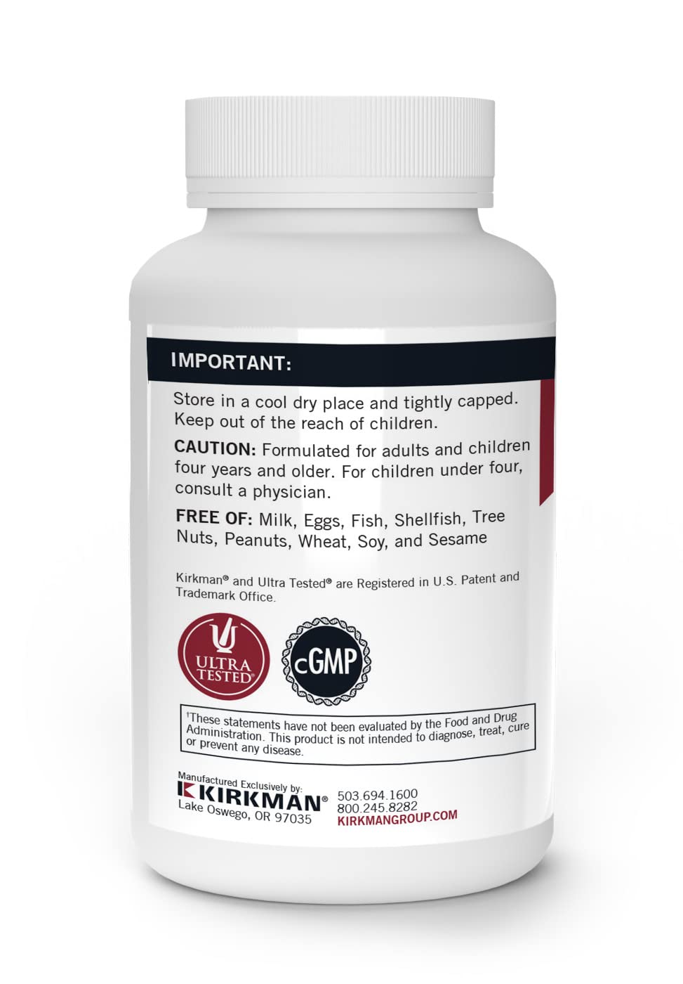 Kirkman's purest Calcium 200 mg - Hypoallergenic 120 Vegetarian Capsules - Gluten and Casein Free -Tested for More Than 950 Environmental contaminants