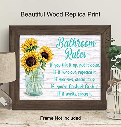 Bathroom Rules Wall Decor - Sunflower Wall Decor - Rustic Country Farmhouse Bathroom Decor - Powder Room Decor - Funny Blue Bathroom Decor - Restroom Sign - Bath Wall Art - Decorations - Unframed 8x10