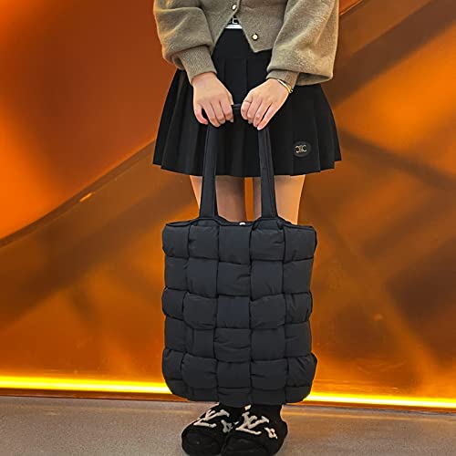 NAARIIAN Women's Large puffer tote bag, Quilted Puffer Tote Bag Soft Padded Down shoulder Handbag Totes Puffer Shoulder Bag Pillow Shopper Bag(BLACK)