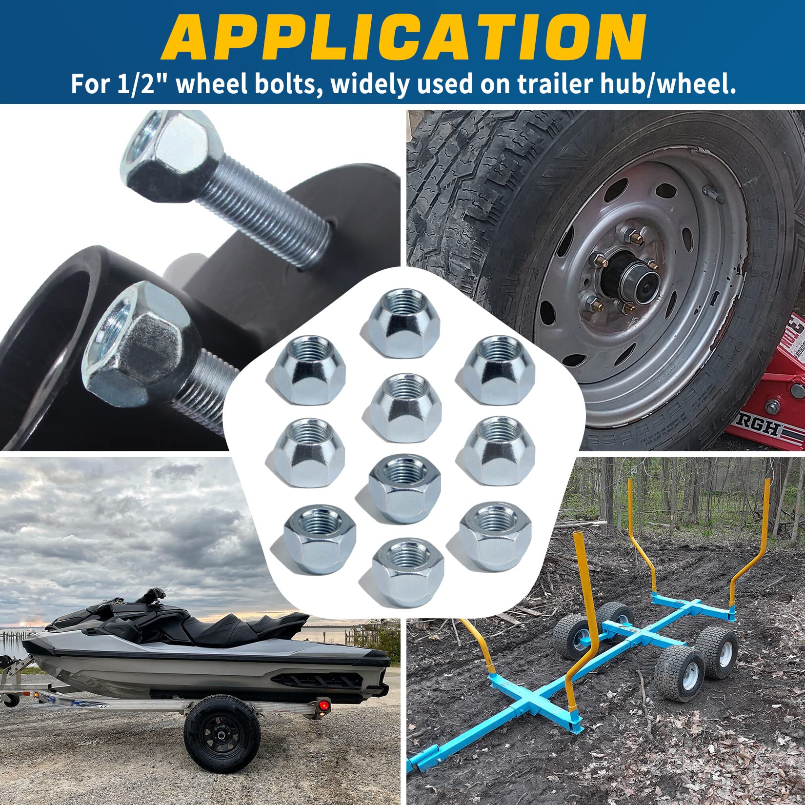 GREPSPUD 10pcs 1/2''-20 Trailer Lug Nuts, Wheel 509 Lug Nut Hub Tire Nuts Open End Acorn Nut for Dexter EZ Lube Trailer Camper RV 1/2" Studs, Zinc Plated