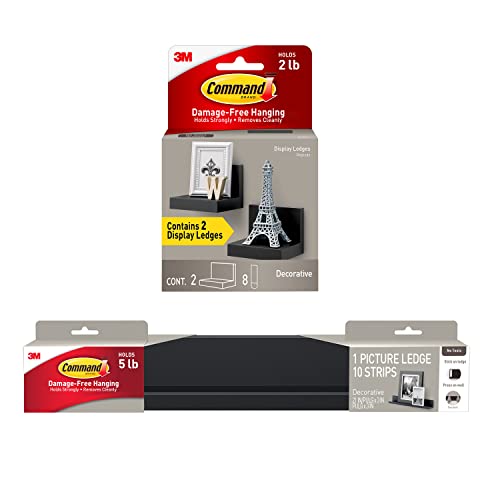 Command Black 4" Floating Wall Ledges, 2 Pack, Holds 2 lbs (HOM23S-2ES) with Picture, Slate, 1-Ledge, 10-Medium Strips (HOM21S-ES), 21"