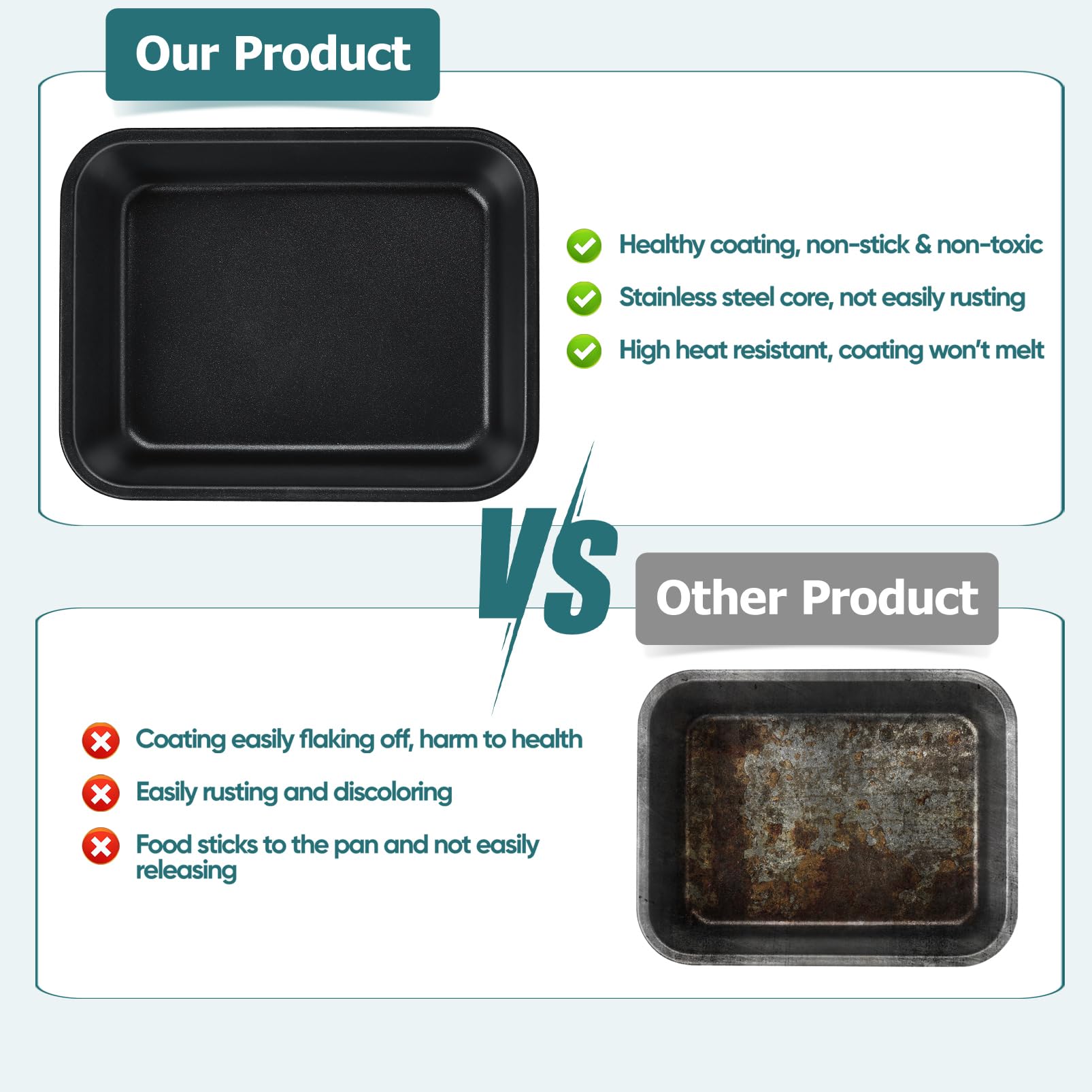 TeamFar Lasagna Pan, 10.6 x 8.25 x 3.1inch Rectangular Cake Baking Pan, with Stainless Steel Core & Nonstick Coating, Healthy, Wider Edge & Deep Side