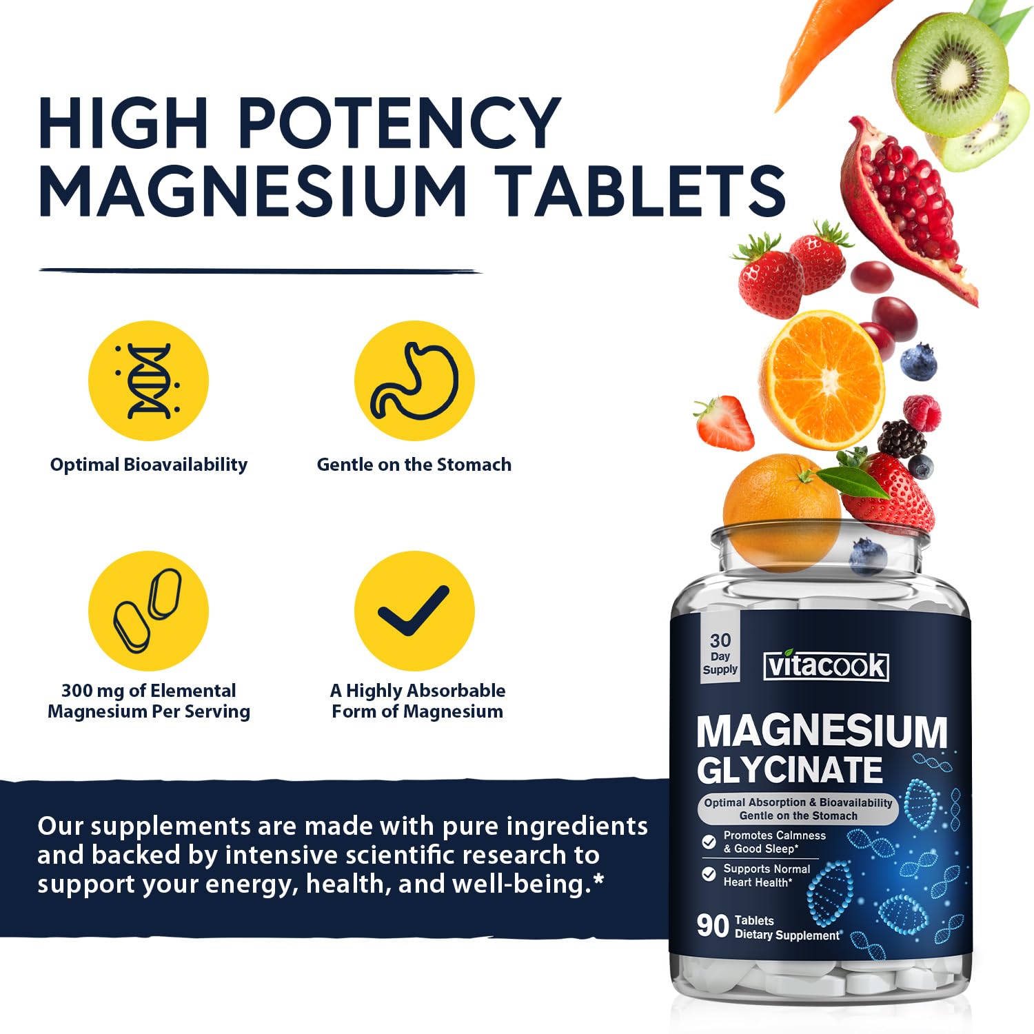 Vitacook Magnesium Glycinate 300 mg, Natural Calmness, Healthy Mood & Heart Support, Non Buffered, Non-GMO, High Potency and Ultra-Absorbable, 90 Tablets