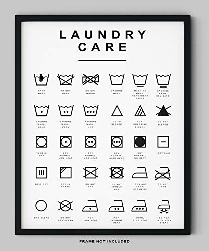 Laundry Room Decor - 11x14" UNFRAMED Print - Black And White Minimalist, Scandinavian, Modern, Typography Wall Print - Guide To Laundry Care Symbols - White Wall Art